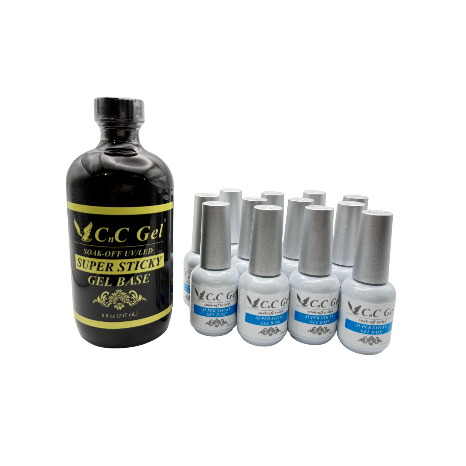 CnC Gel Super Sticky Base - Soak-Off UV/LED – 8oz + 12 Free 0.5oz Bott